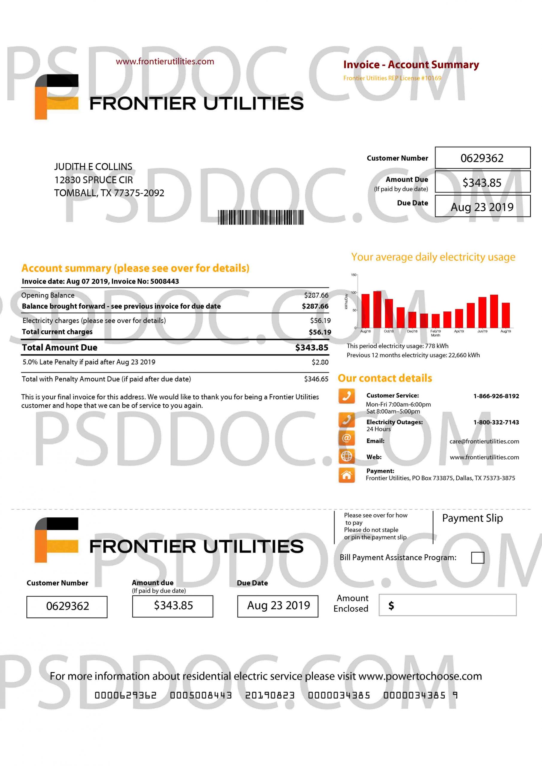 Utility bill USA - Frontier (electrycity) - PSD Store